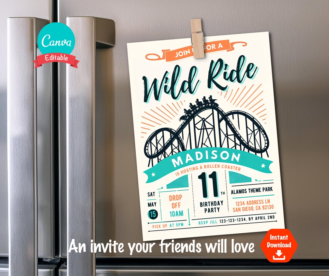 Roller Coaster Invite for Amusement Park Birthday Party Invitation, Roller Coaster Birthday ...