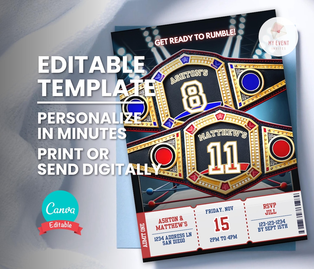 Wrestling Joint Birthday Invitation, Editable Belt Name & Age, Boxing ...