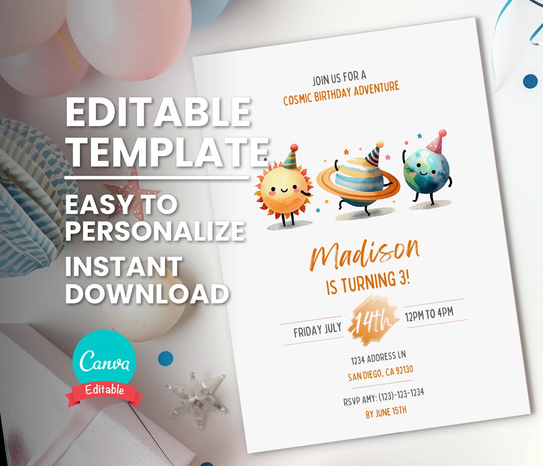 Planet Birthday Invitation, Any Age Outer Space Party Invite, Printable ...