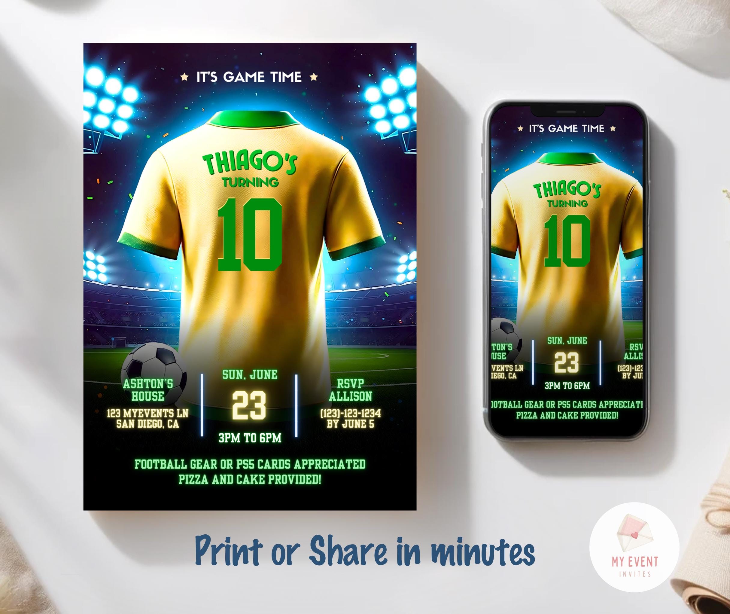 Soccer Birthday Party Invitation, Editable Age Brazil Soccer Jersey ...