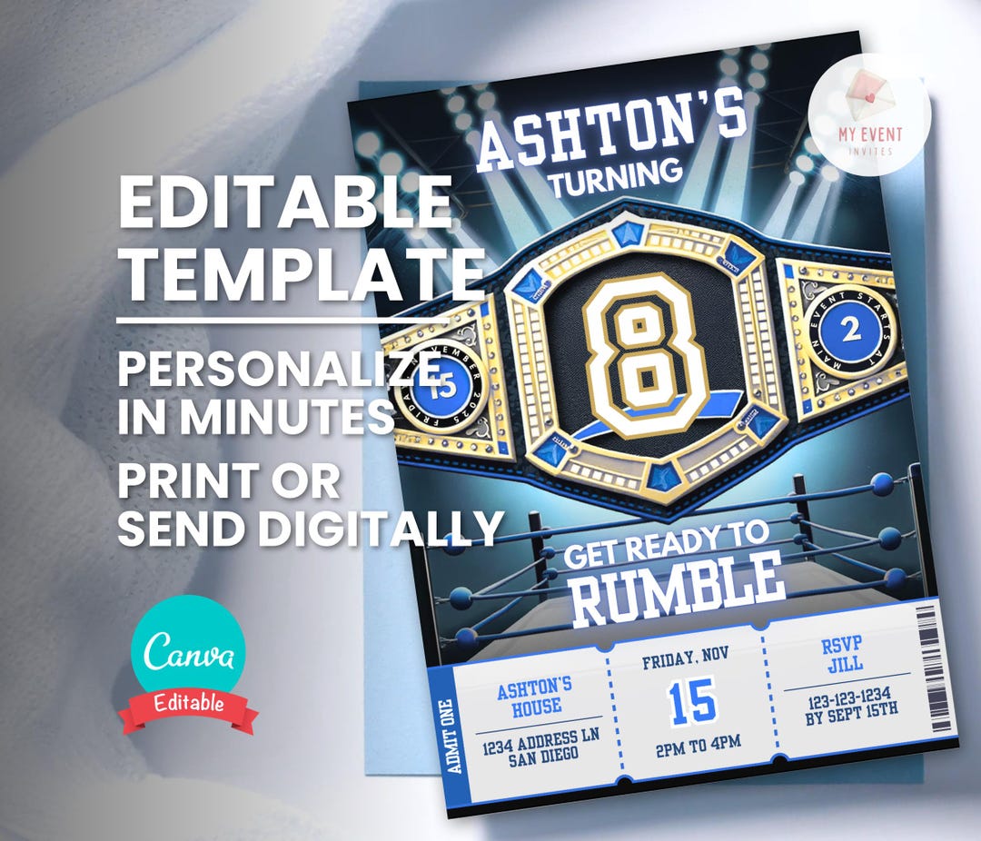 Wrestling Birthday Invitation, Editable Championship Belt, Boxing MMA ...