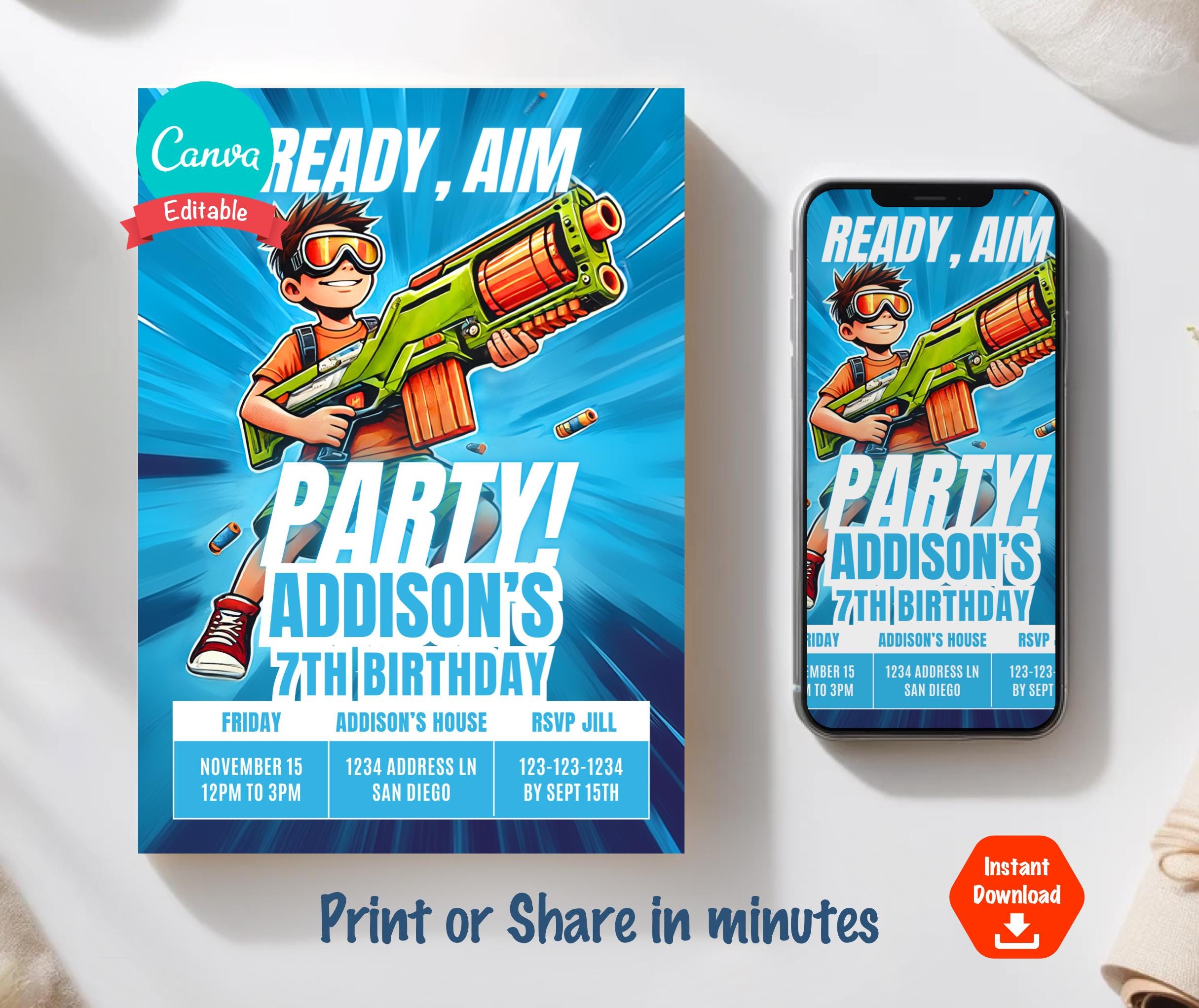 Dart Gun Birthday Invitation, Any Age Blaster Theme, Swimming Pool ...