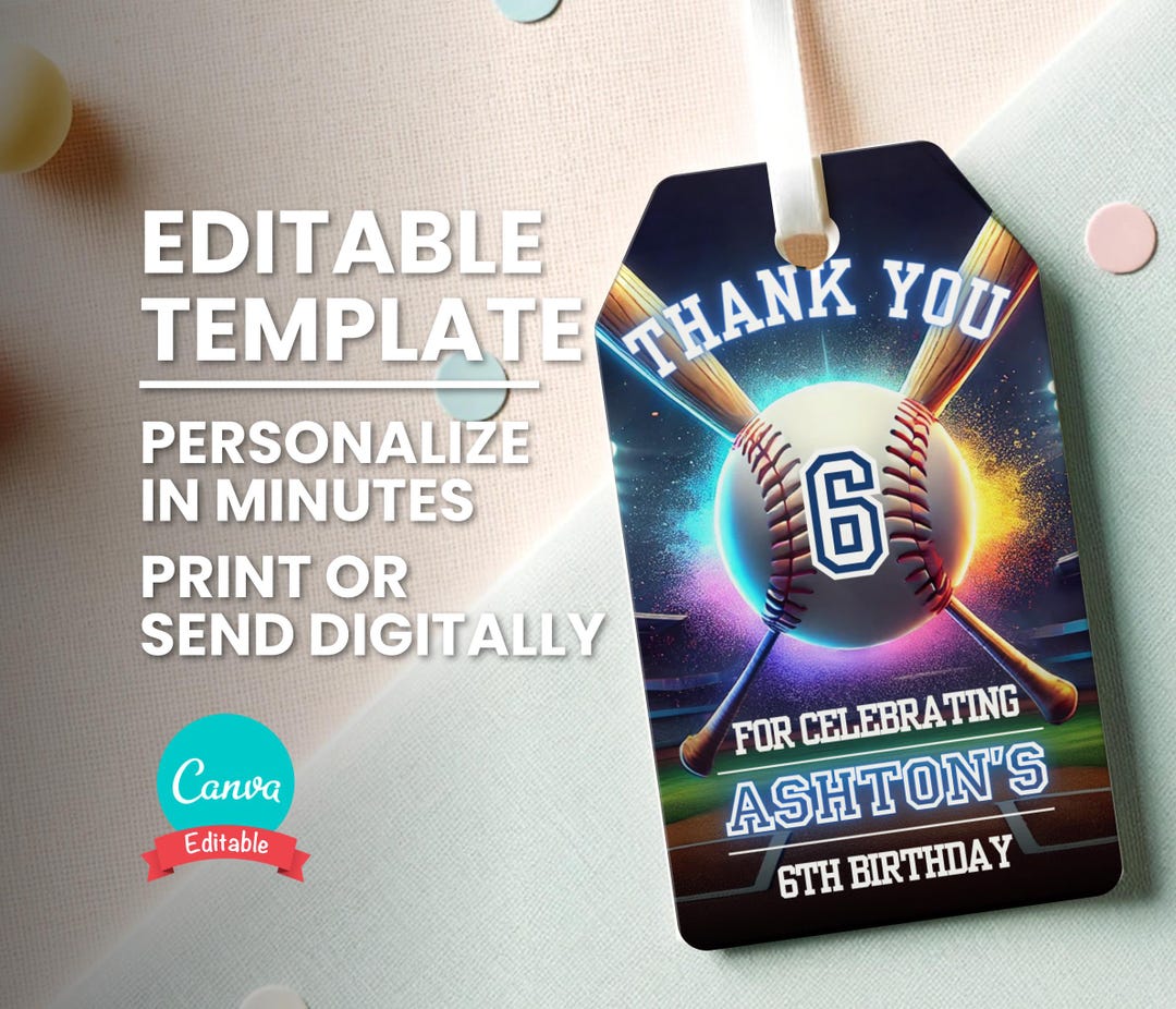 Baseball Thank You Tag, Editable Age, Party Gift Bag Accessory ...