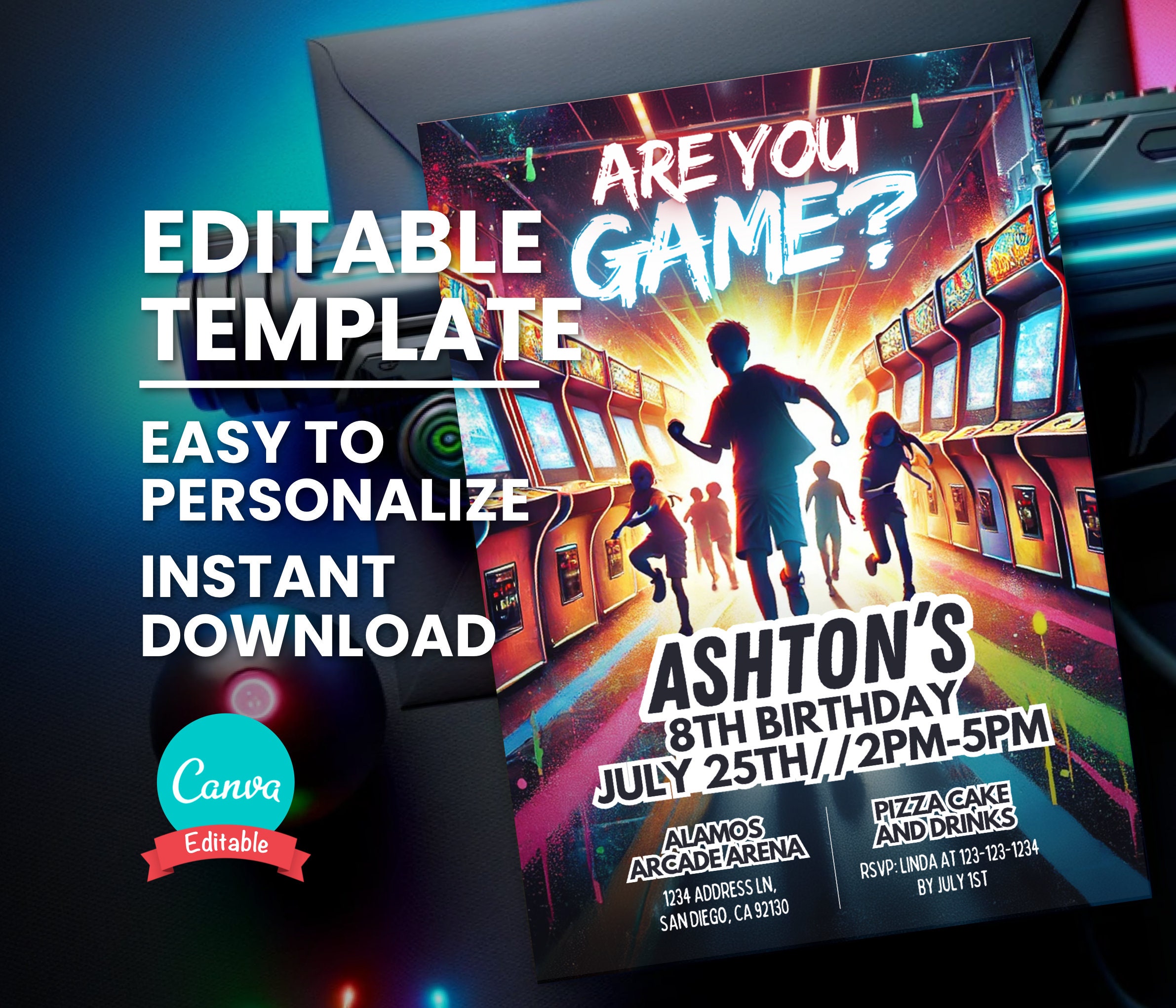 Arcade Birthday Party Invite for Teen Video Arcade Birthday, Gaming ...