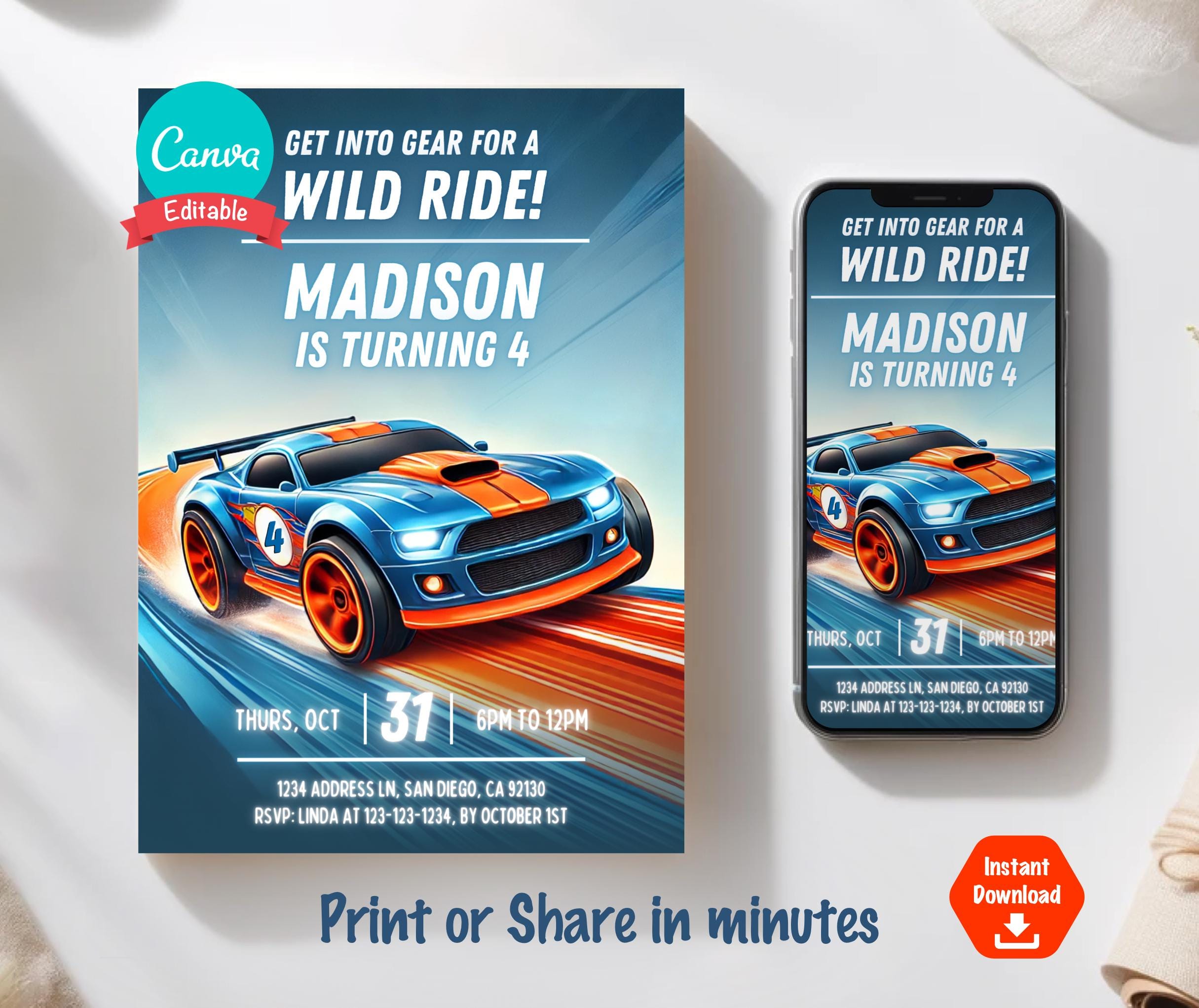 Racing Party Invitation for Race Car Birthday Party, Editable Age on ...