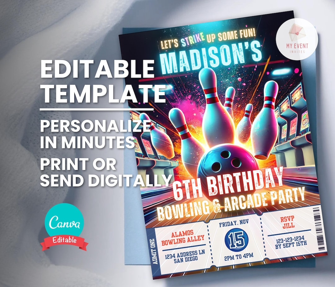 Bowling & Arcade Birthday Invitation, Party Ticket Invite, Any Age ...