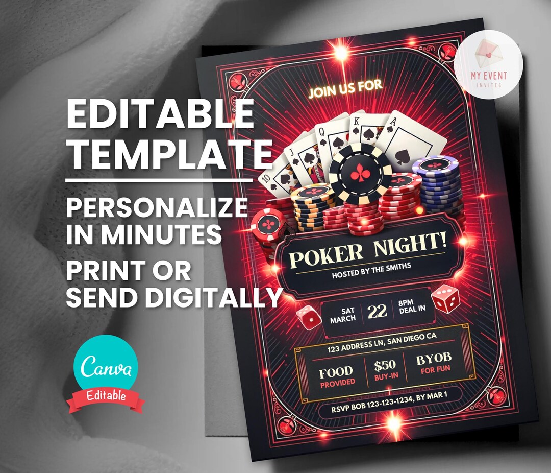 Poker Night Invitation, Casino Game Night Party Invite for Birthday or ...