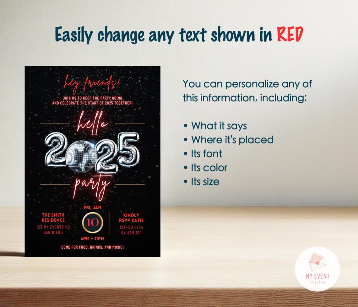New Year Party Invitation, Kick off 2025 Party Invite, Editable Digital ...