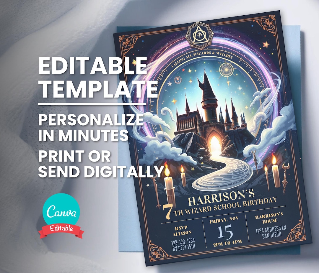 Wizard Birthday Invitation, Wizard Witch Party Invite, Editable Digital ...