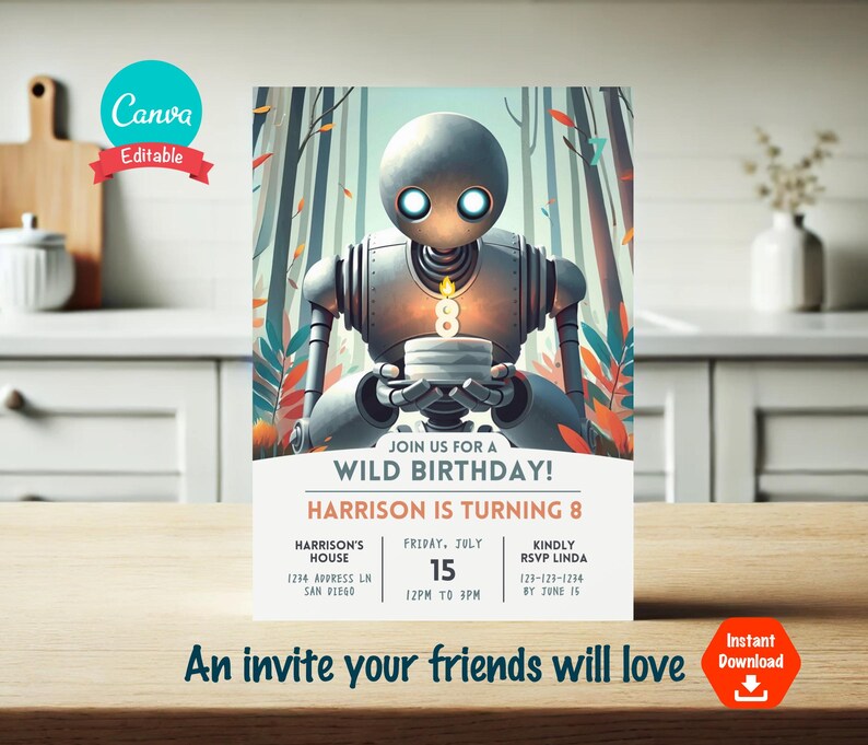 Robot Birthday Invitation, Robot Party Invite, Editable Candle Age ...