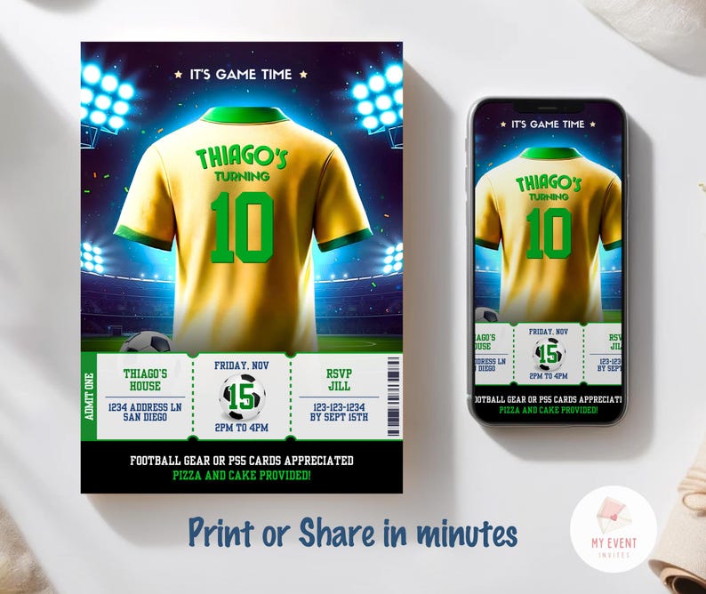Soccer Birthday Party Invitation, Editable Brazil Age Jersey, Ticket ...
