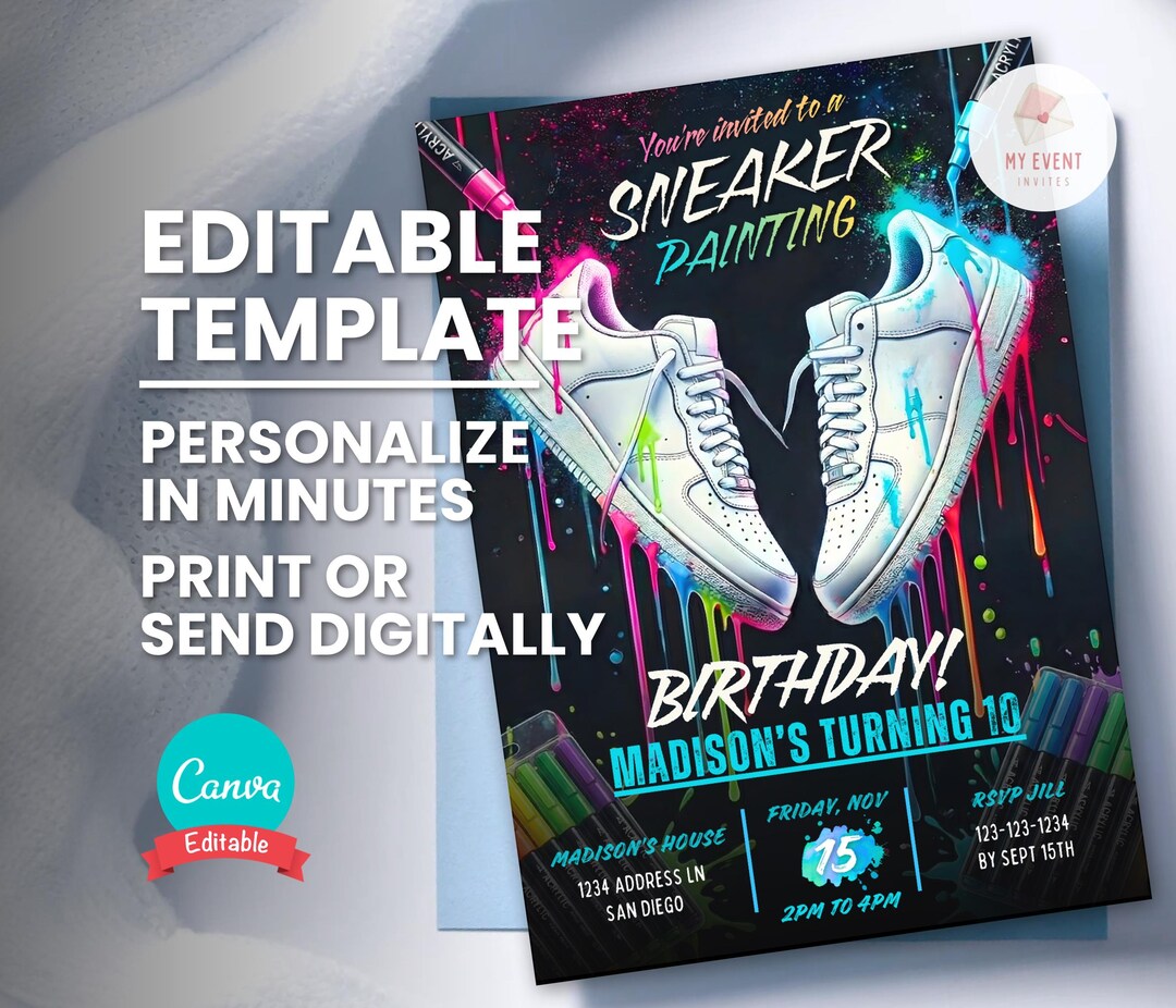 Sneaker Coloring Party Invite, Neon Birthday Party, Editable Template ...