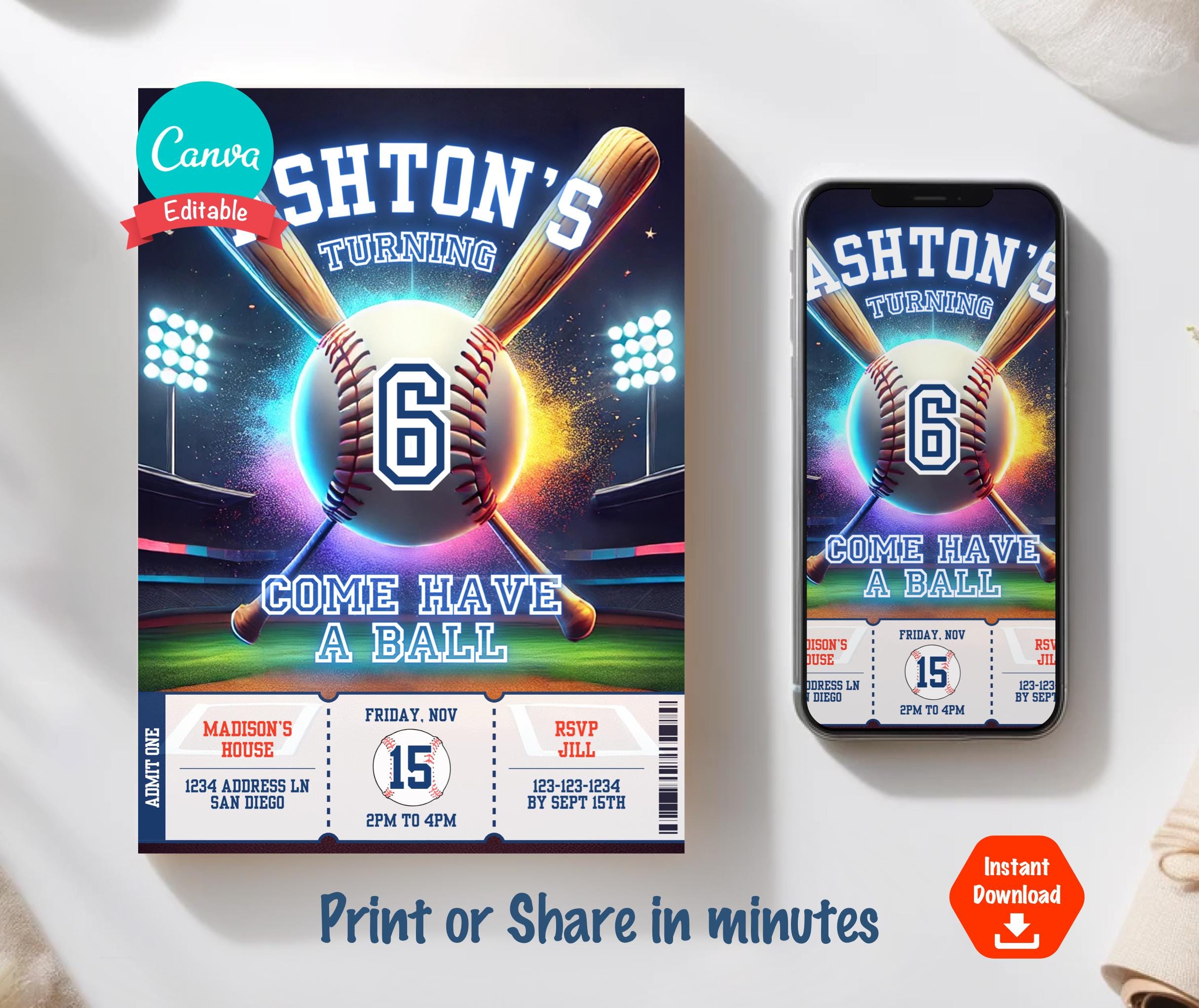 Baseball Birthday Invitation, Baseball Game Ticket Invite, Any Age ...