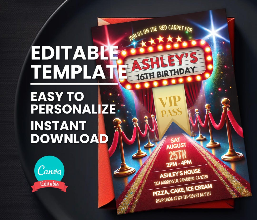Red Carpet Invitation, Star VIP Pass Birthday Party, Glamorous ...