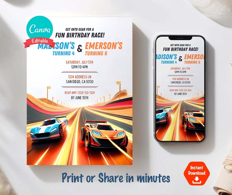 Joint Racing Party Invitation for Joint Birthday or Double Birthday ...