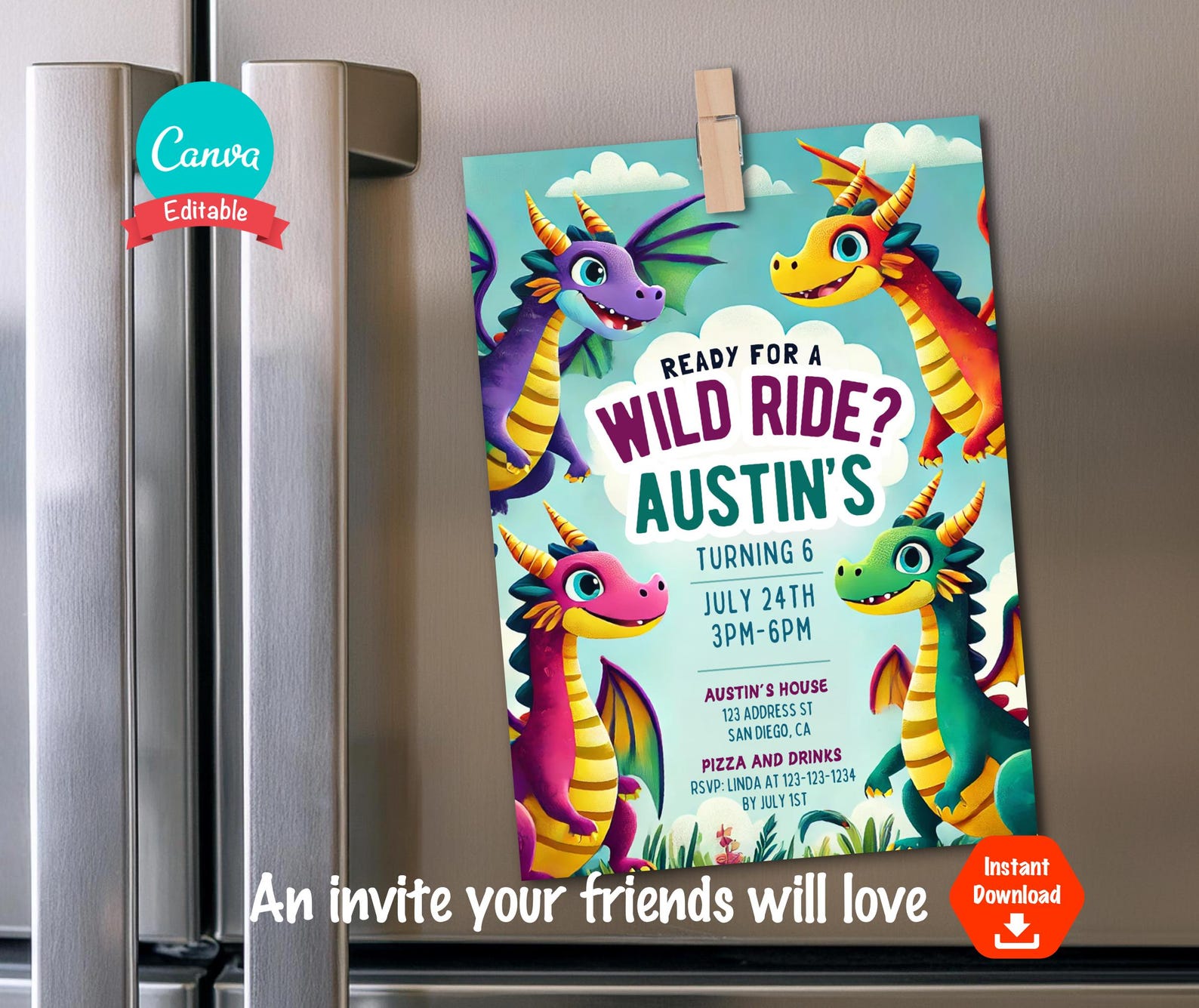 Dragon Birthday Party Invitation, Ready for a Wild Ride Editable ...
