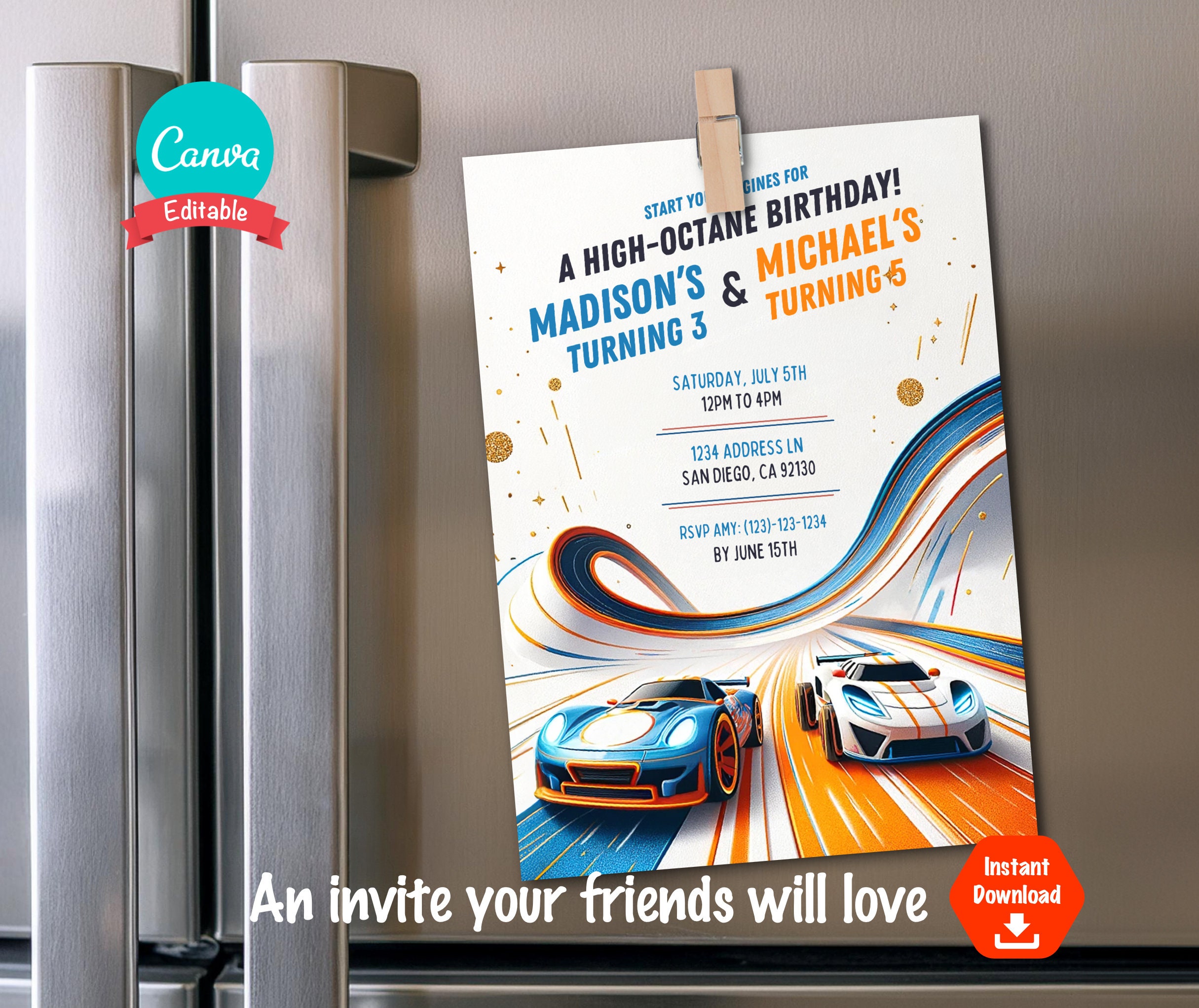 Joint Race Car Party Invitation for Joint Birthday or Double Birthday ...