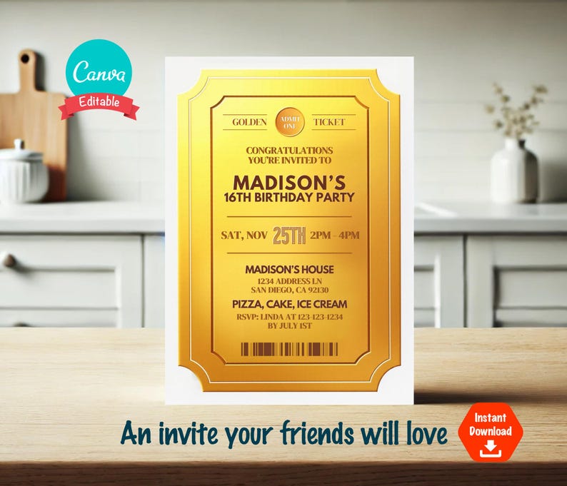 Golden Ticket Birthday Invitation, Any Age, Editable Template, Gold ...
