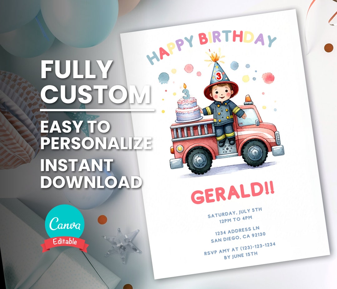 Firetruck Birthday Invite, Any Age Editable Candle, Fire Engine Theme ...