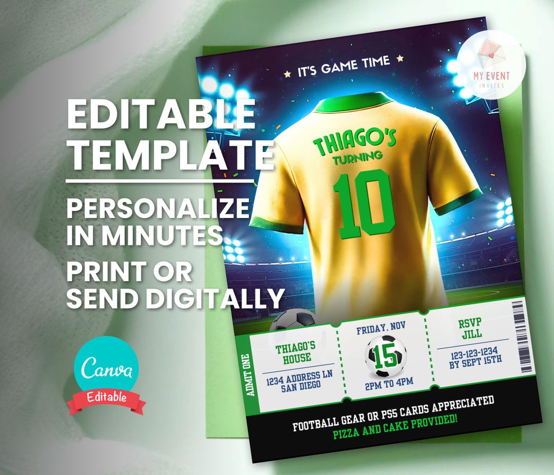 Soccer Birthday Party Invitation, Editable Brazil Age Jersey, Ticket ...