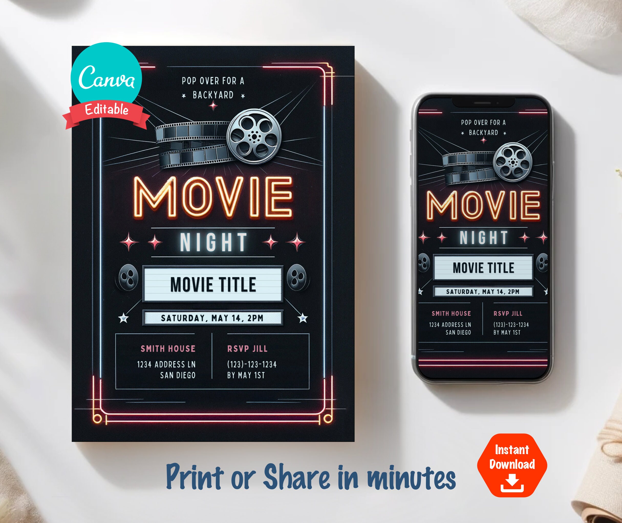 Movie Night Invitation for Movie Party, Backyard Movie Party Invite ...