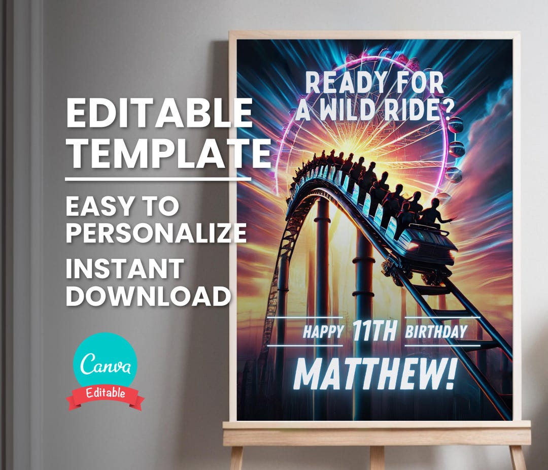 Amusement Park Party Welcome Sign, Rollercoaster Birthday Party Poster ...