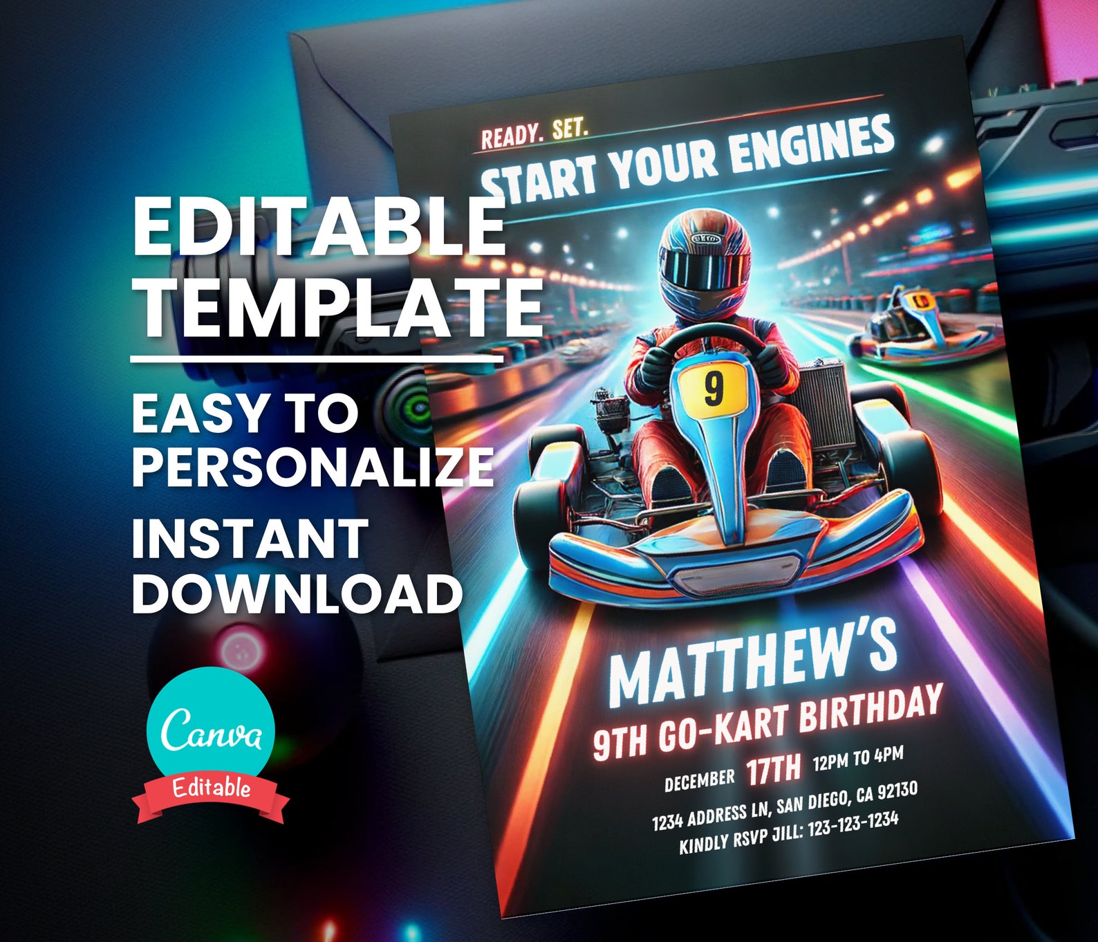 Go Kart Invite for Teen Go Cart Birthday Party Invitation, Go Karting ...