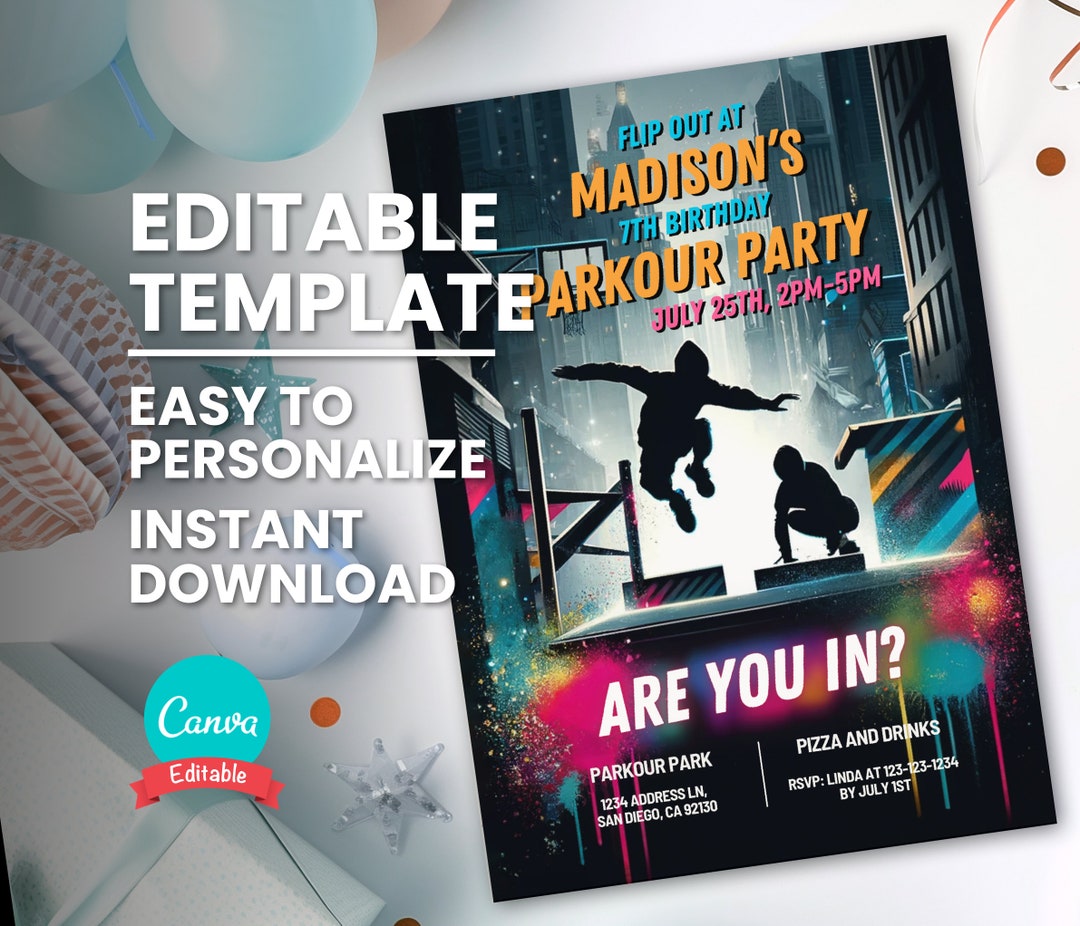 Parkour Party Invite for Parkour Birthday Party or Free Running Party ...