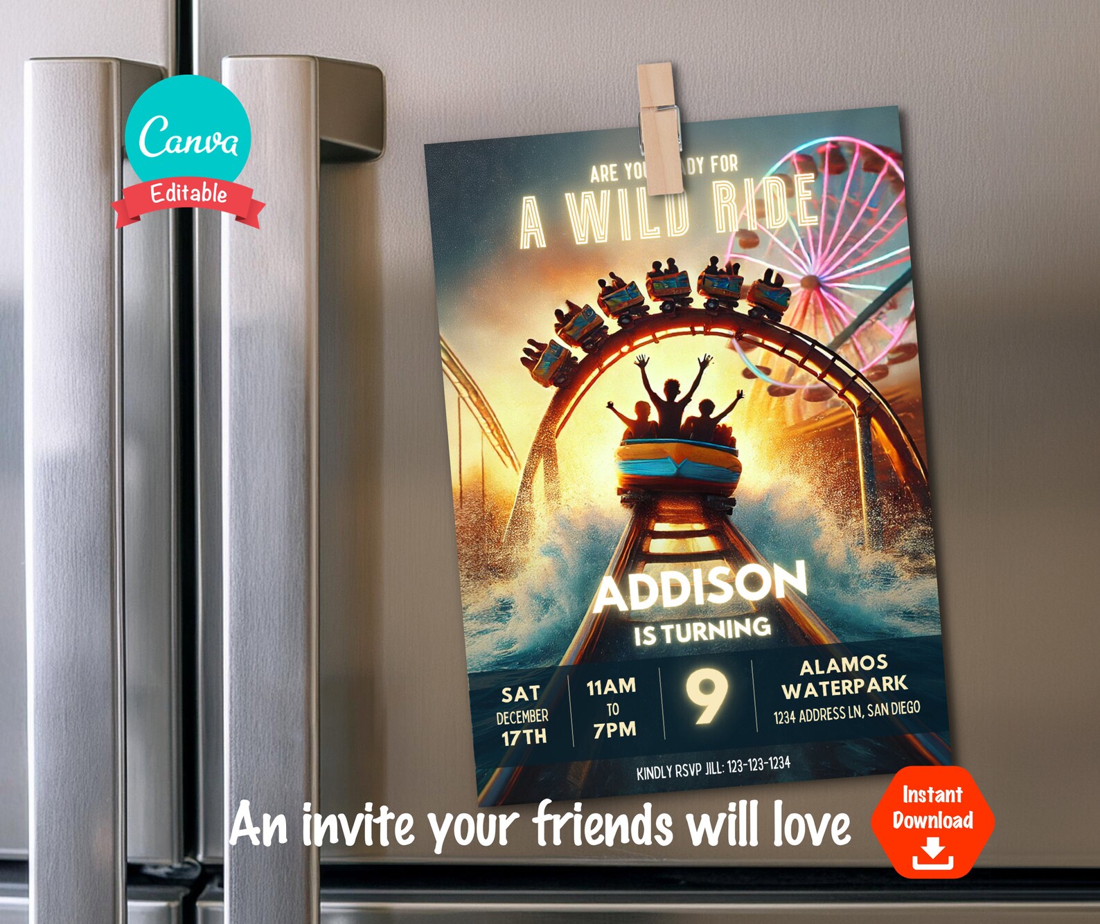 Amusement Birthday Party Invitation for Waterpark Park, Fun Theme Park ...