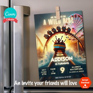 Amusement Birthday Party Invitation for Waterpark Park, Fun Theme Park ...