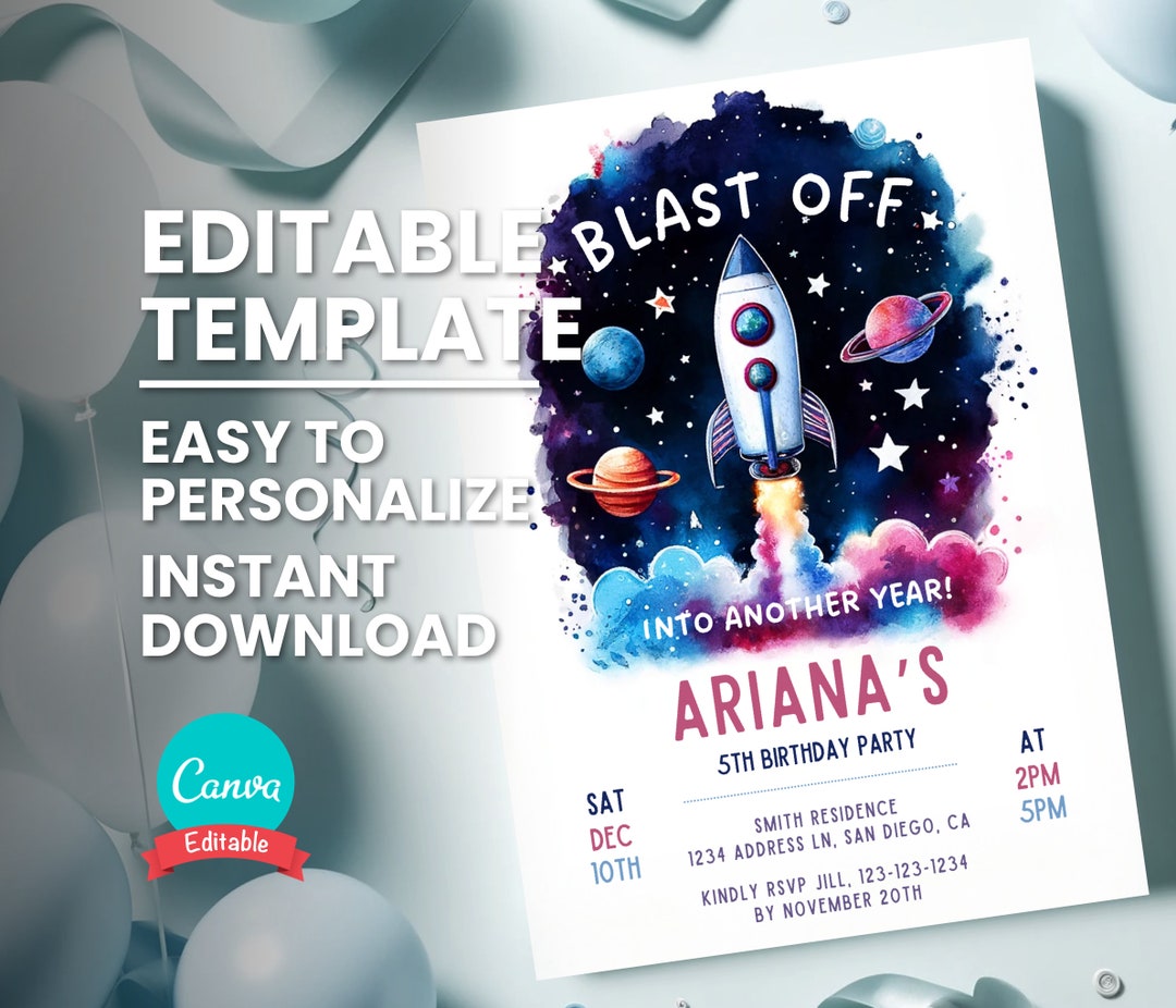 Rocketship Birthday Invite for Kid Outer Space Birthday Party ...