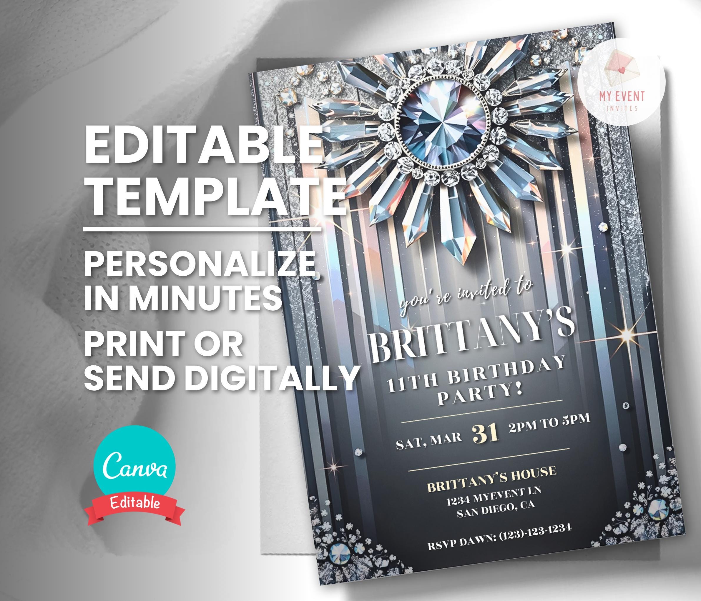 Crystal Birthday Invitation, Any Age Editable Template, Diamond Party ...