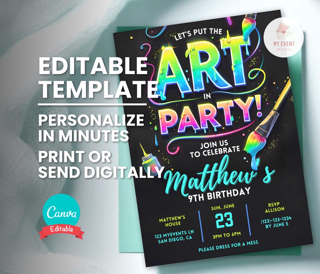 Paint Birthday Invitation, Any Age Art Bday Party Invite, Neon Glow ...