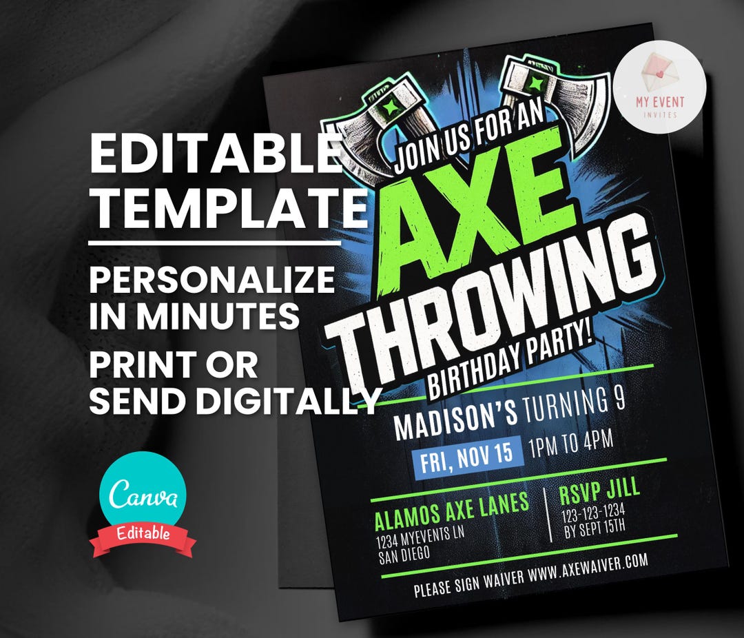 Axe Throwing Invitation, Any Age Ax Throw, Editable Digital Template ...