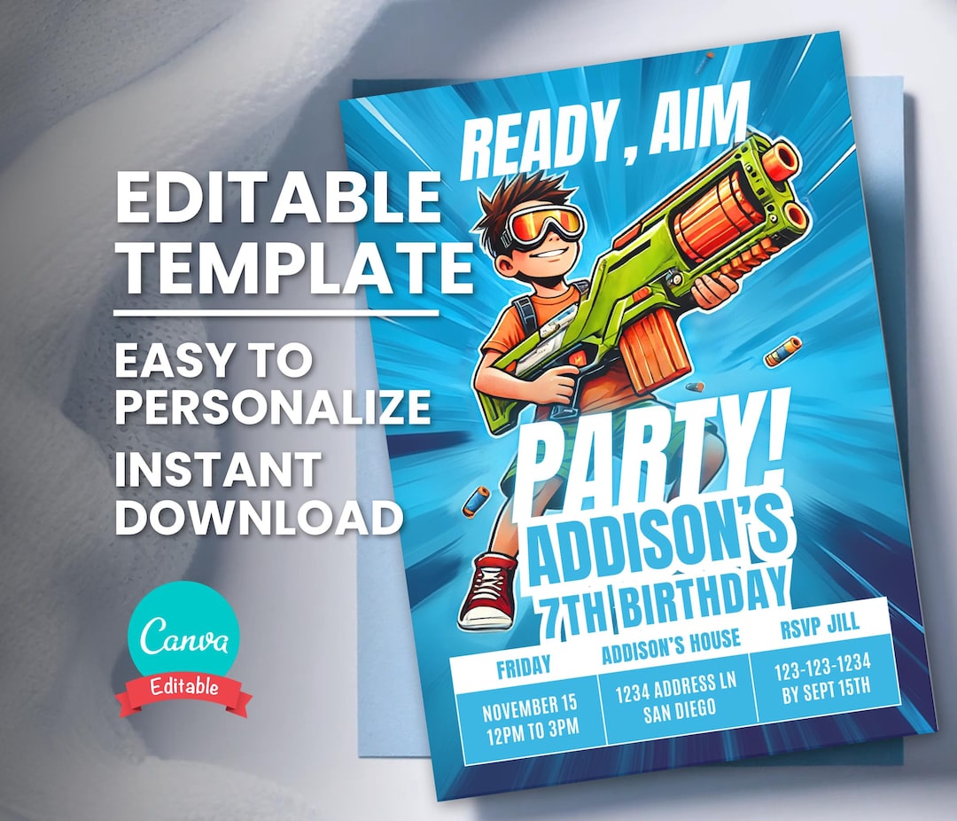 Dart Gun Birthday Invitation, Any Age Blaster Theme, Swimming Pool ...