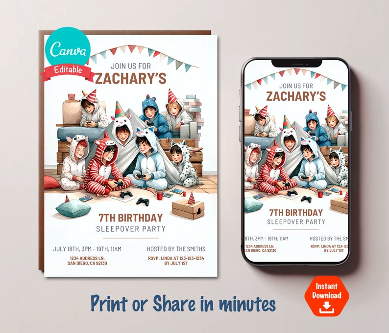 Video Game Sleepover Birthday Invitation: Pajama Party, Editable ...