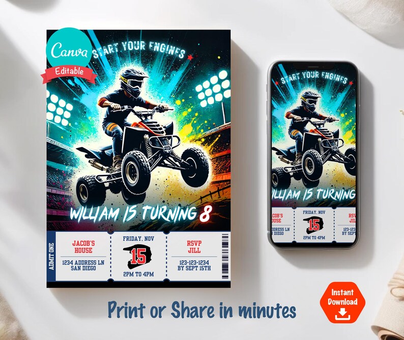 ATV Birthday Invitation, Quad Bike Party Ticket Invite, Editable Text ...