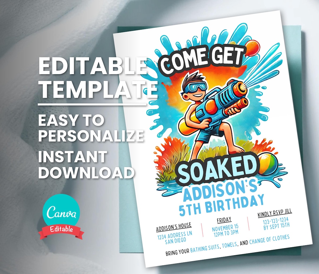 Water Gun Birthday Invitation, Any Age Invite, Water Balloon Fight ...
