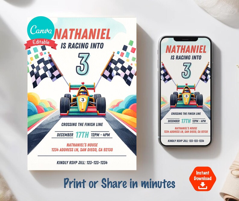 Race Car Birthday Invitation, Racing Theme Party, Any Age Editable Race ...