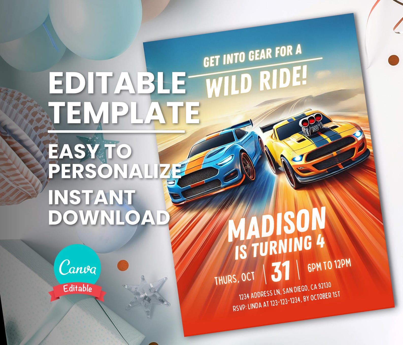 Race Car Party Invitation for Racing Birthday Party, Editable Muscle ...