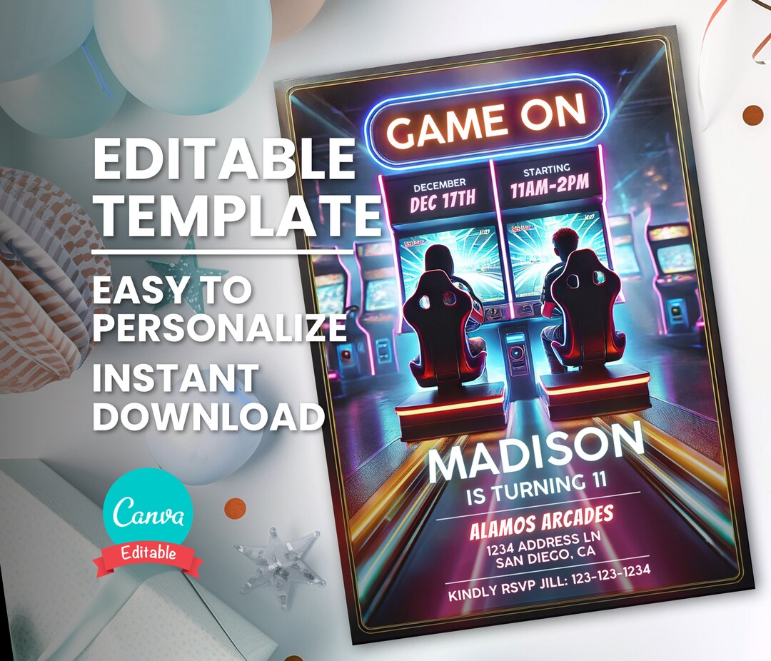 Arcade Birthday Party Invite for Gaming Arcade Birthday Invitation ...