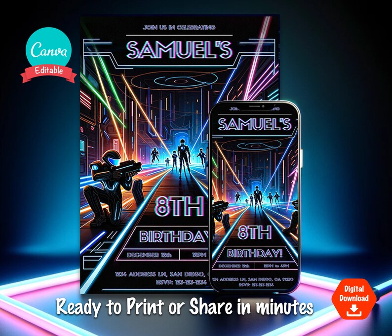 Editable Laser Tag Birthday Invite for Futuristic Birthday Party ...