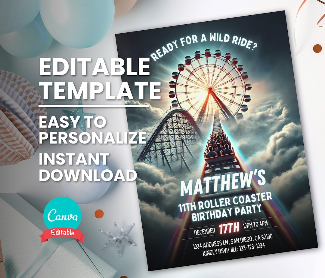 Amusement Park Invite for Rollercoaster Birthday Party Invitation ...