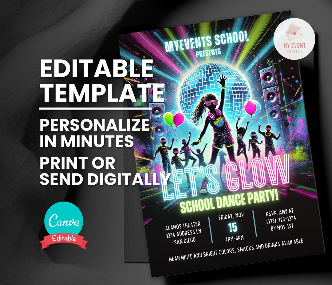 School Dance Invitation, Glow in the Dark Dance Party Invite, Editable ...