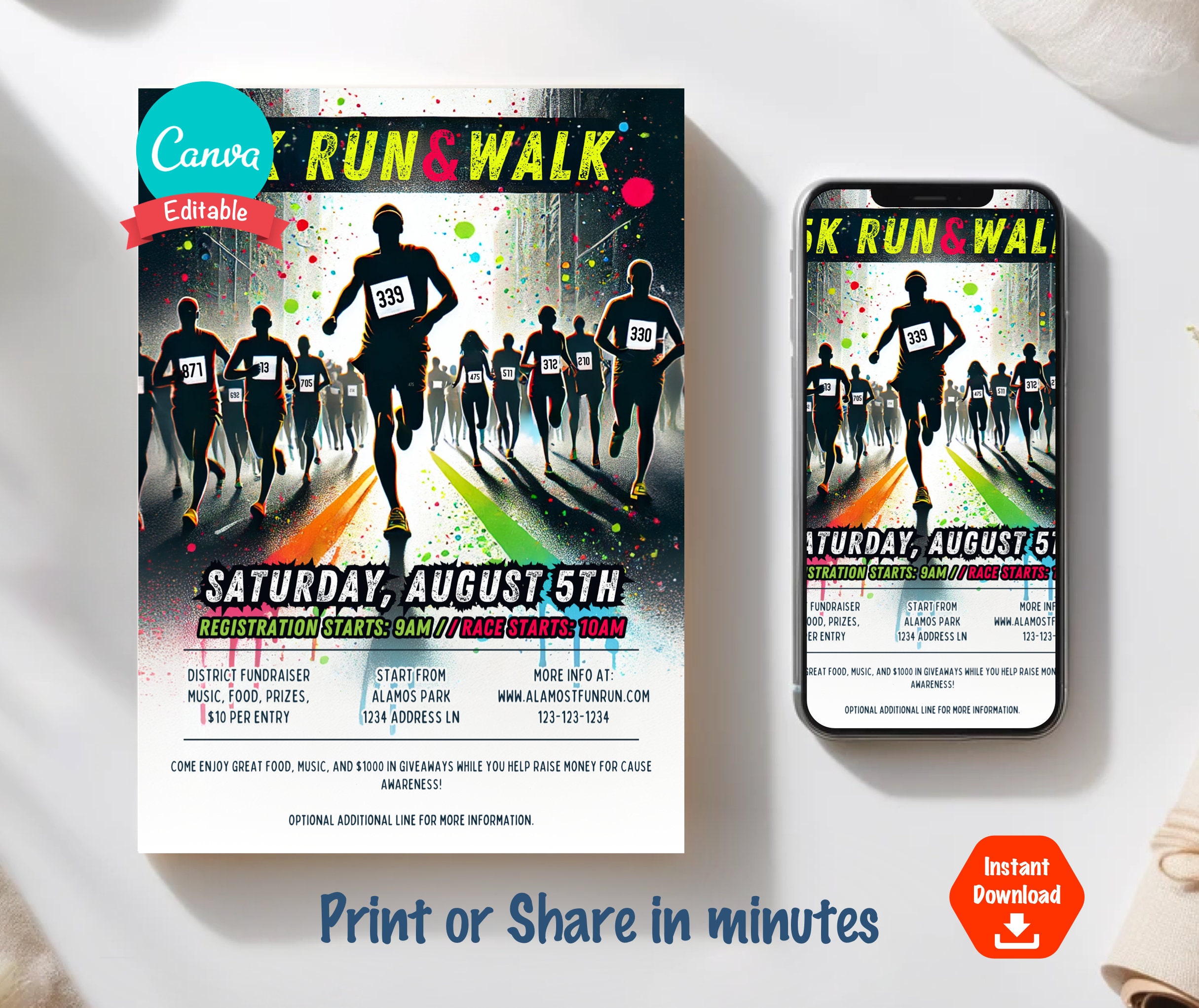 Fun Run Flyer for 5K 10K Color Run or Neighborhood Race Event ...