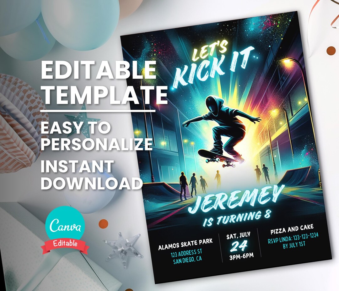 Skate Party Invite for Skateboard Park Birthday Party, Teen ...
