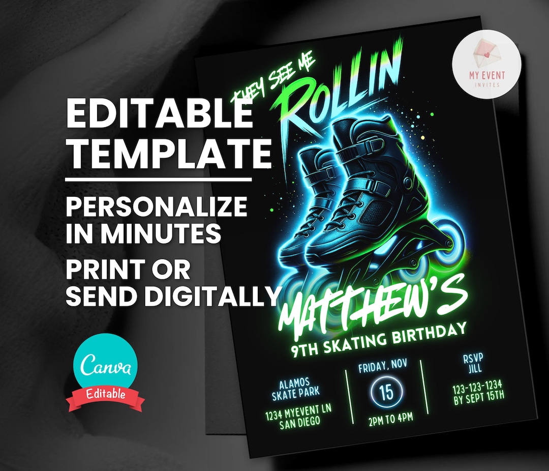 Rollerblade Party Invitation, Neon Skate Birthday Party, Editable ...