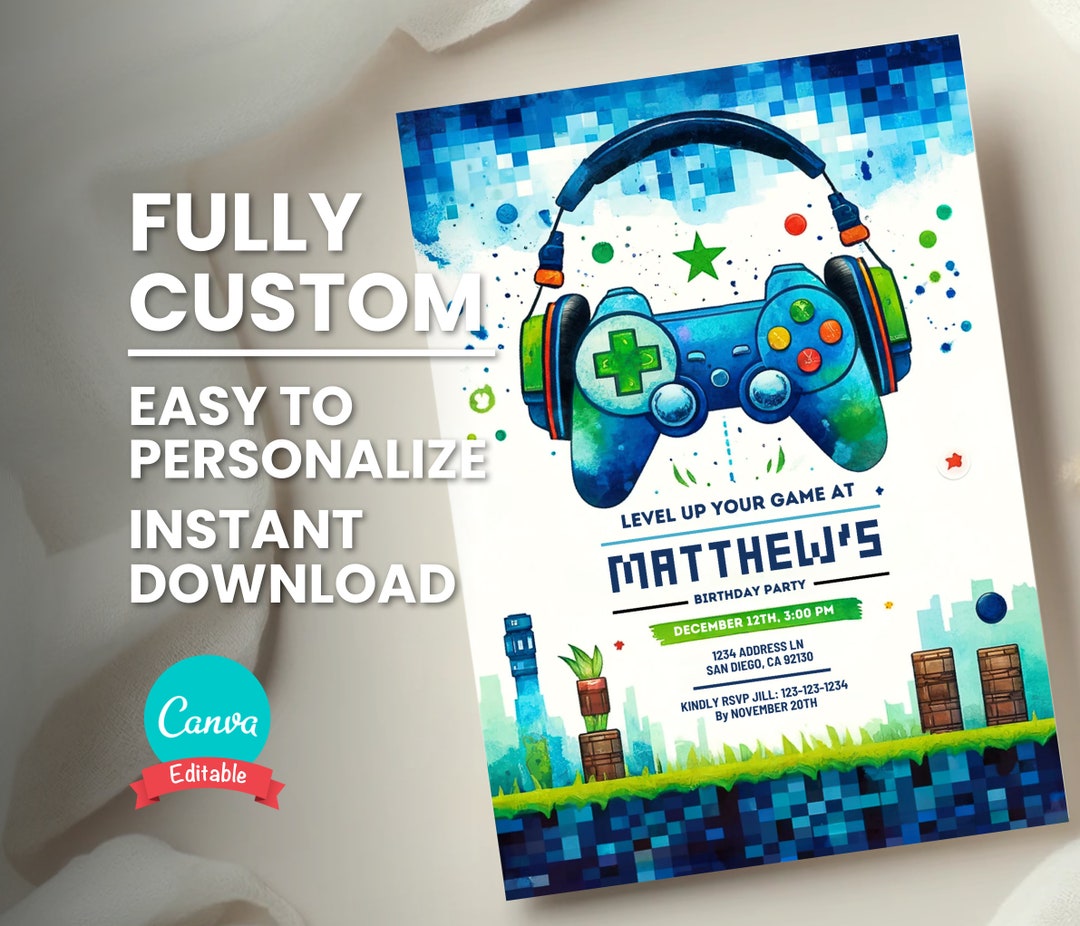 Video Game Party Invite Gamer Birthday Party, Level up Birthday ...