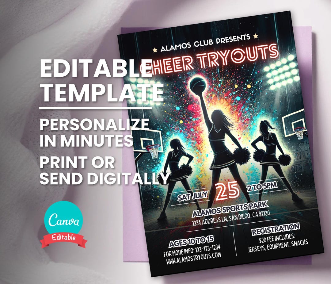 Cheer Tryout Invitation, Cheerleader Spirit Team Invite, Editable ...