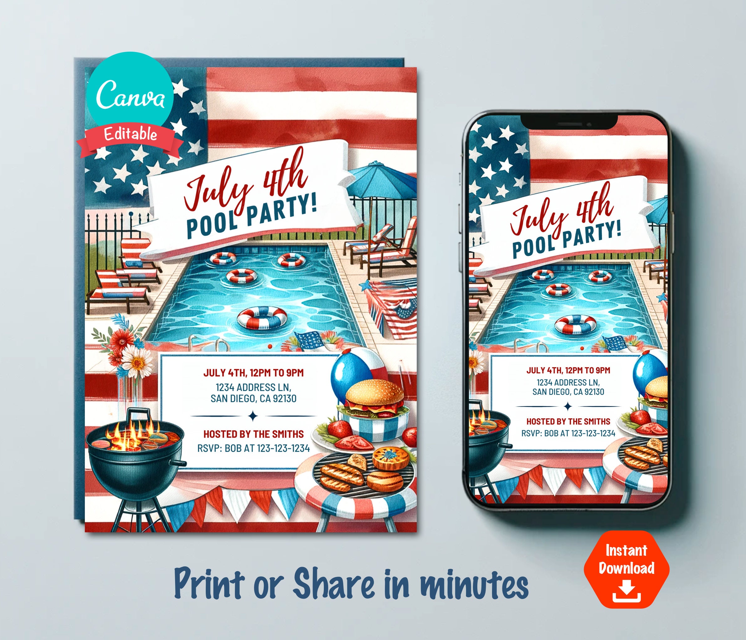 July 4th Invitation for July 4th Pool Party Invitation, Summer BBQ ...